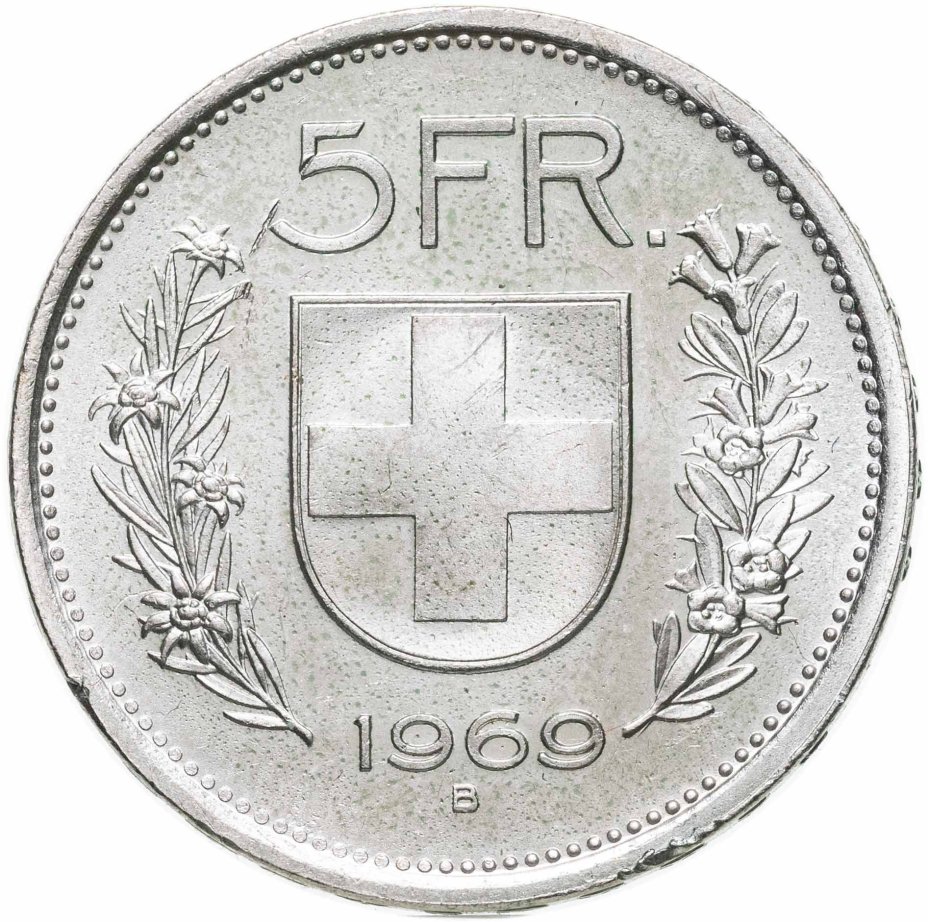 Монета Швейцария 5 франков (francs) 1969 стоимостью 1712 руб.