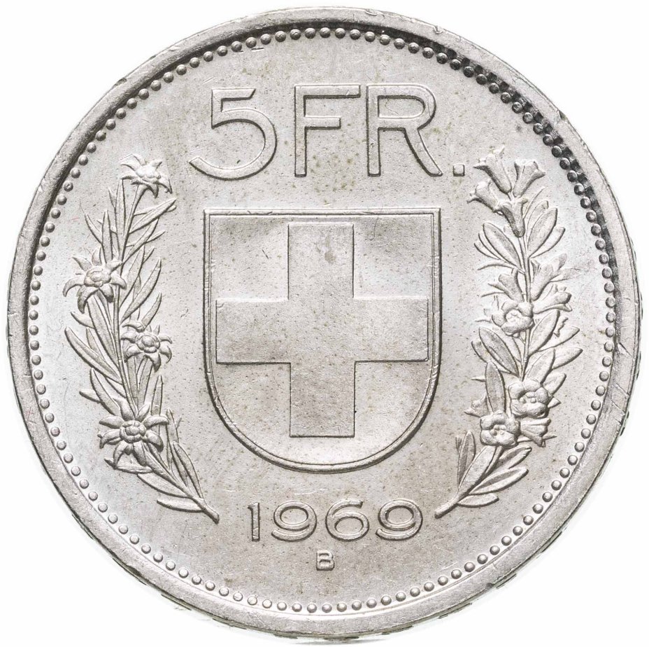 Монета Швейцария 5 франков (francs) 1969 стоимостью 1730 руб.