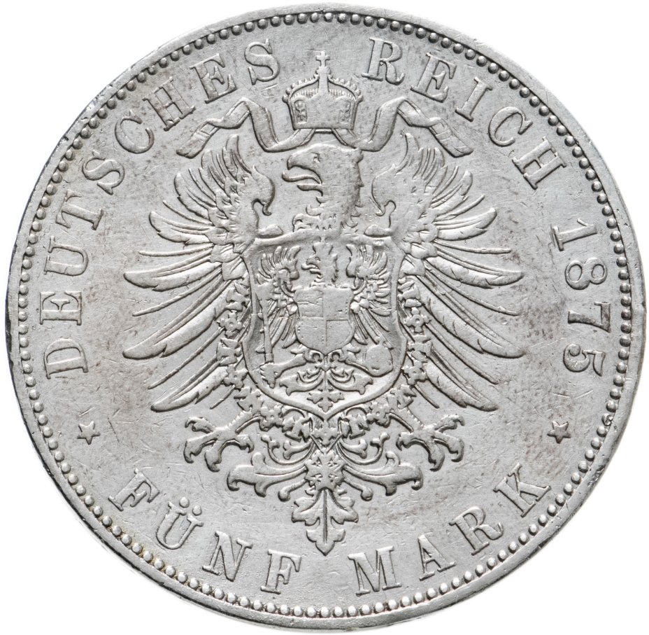 Монета Германия (Гессен) 5 марок 1875 стоимостью 17000 руб.