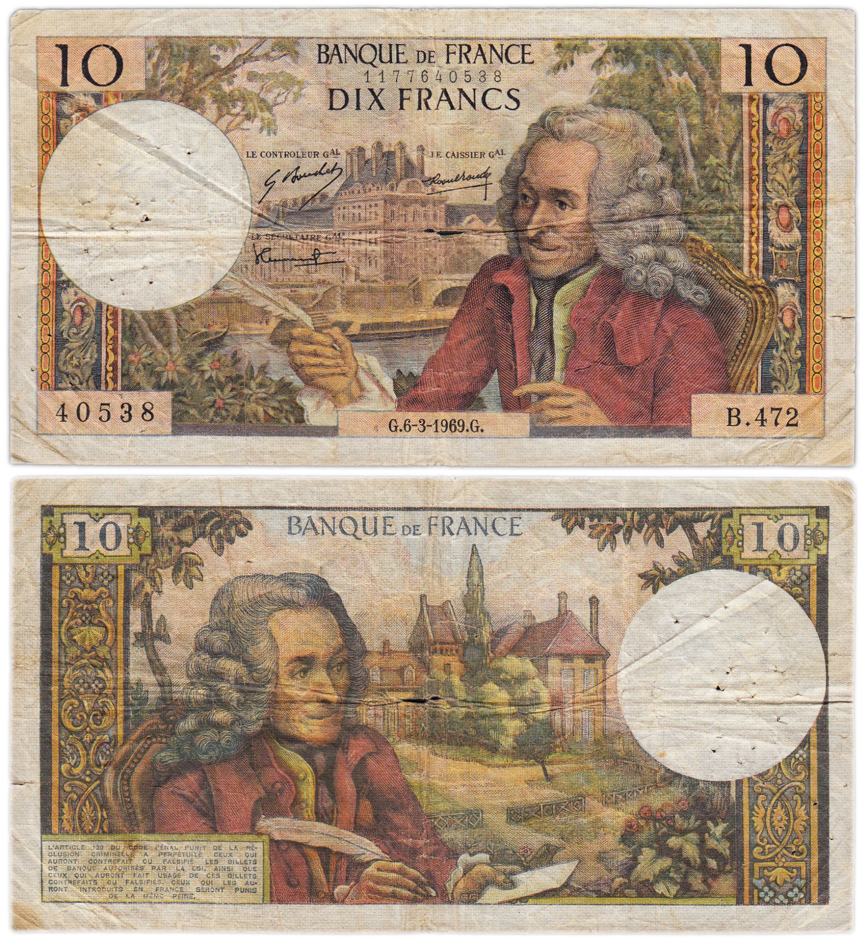 Банкнота Франция 10 франков 1969 (Voltaire, Вольтер) Pick 147 ...