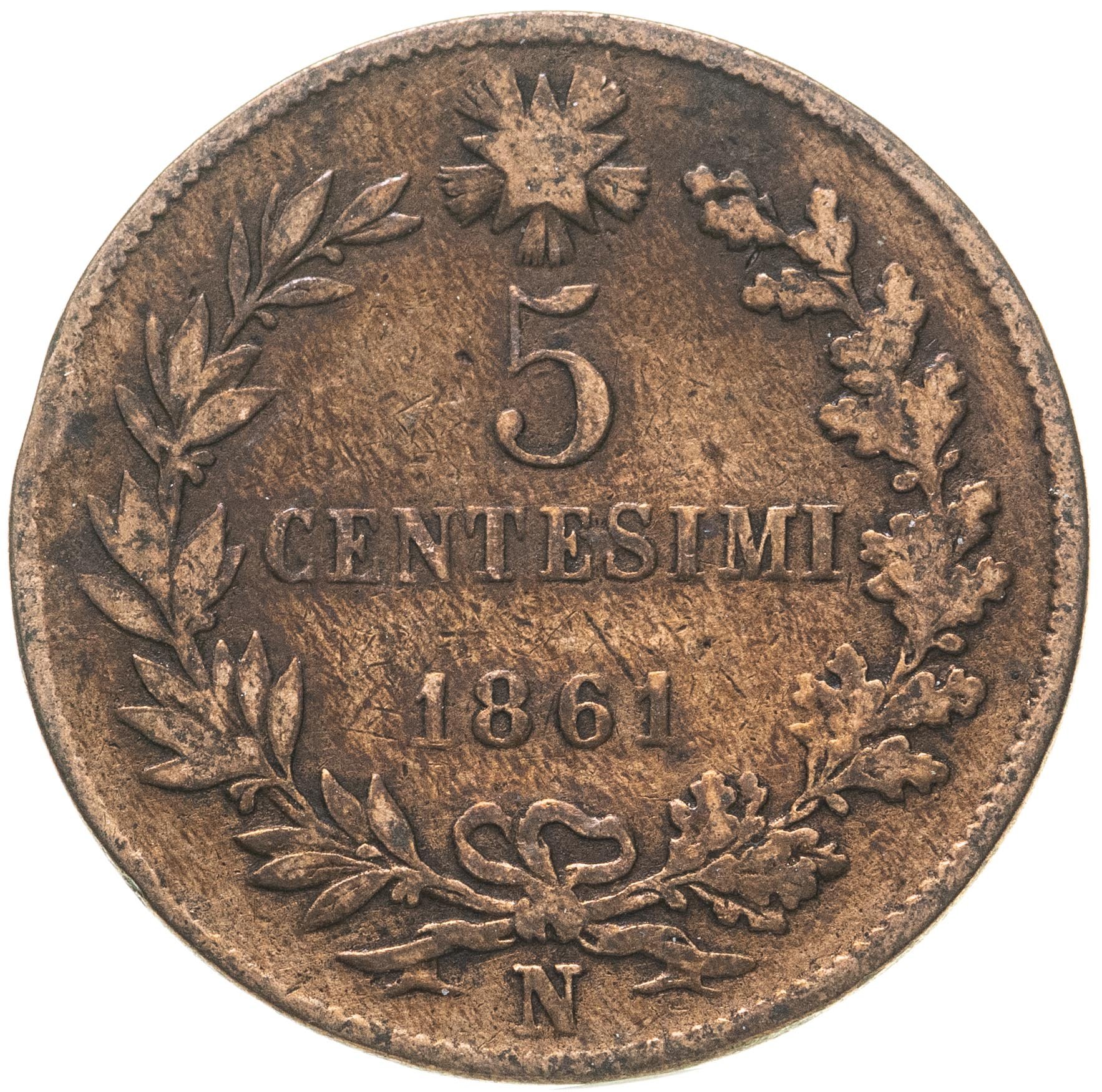 Монета Италия 5 чентезимо (centesimi) 1861N стоимостью 390 руб.