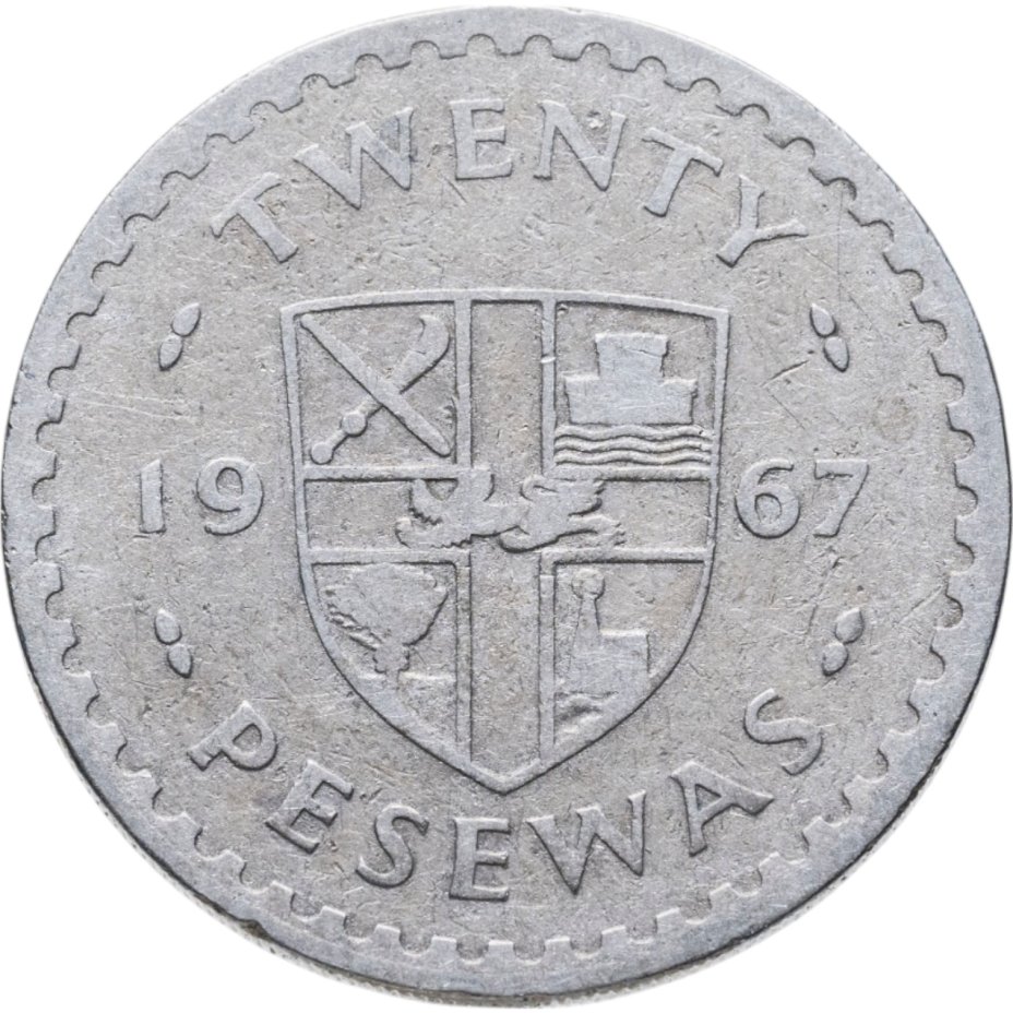 Монета Гана 20 песев (pesewas) 1967 стоимостью 390 руб.