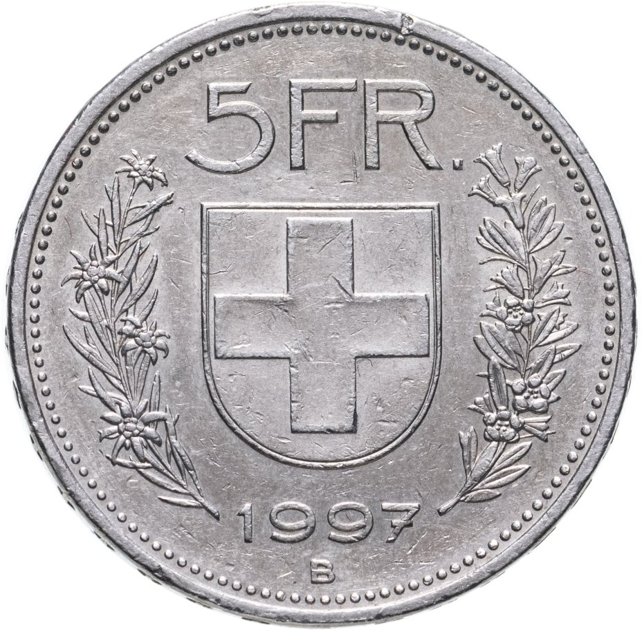 Монета Швейцария 5 франков (francs) 1997 стоимостью 566 руб.